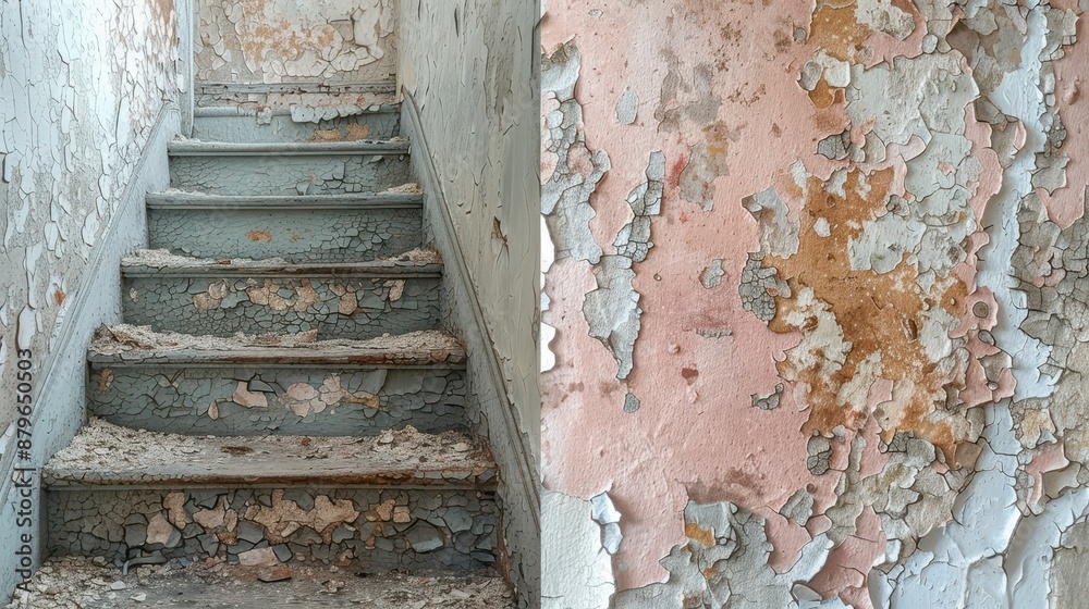 An old, neglected staircase with peeling paint on both the stairs and ...