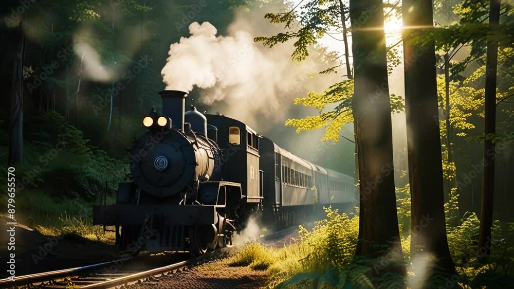 The locomotive train driving in the middle of the forest with sunlight ...