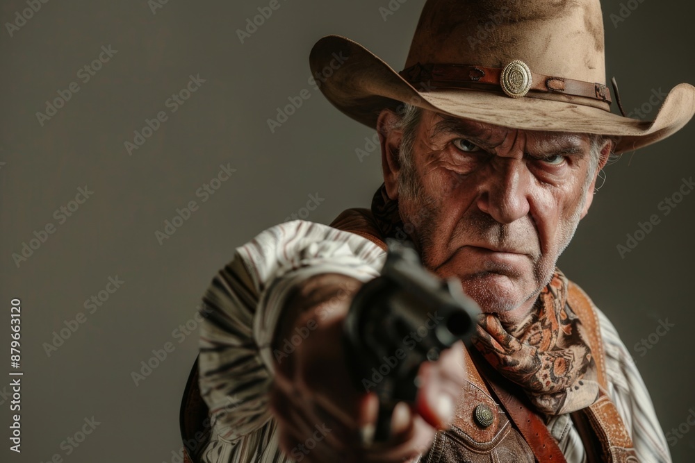 Cowboy pointing a revolver with a stern face. Wearing traditional ...