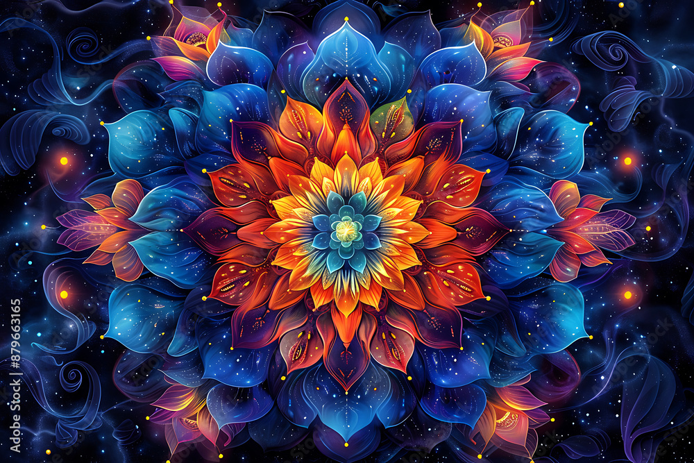 Hand-drawn cosmic motifs in the form of a mandala, using bright colors ...