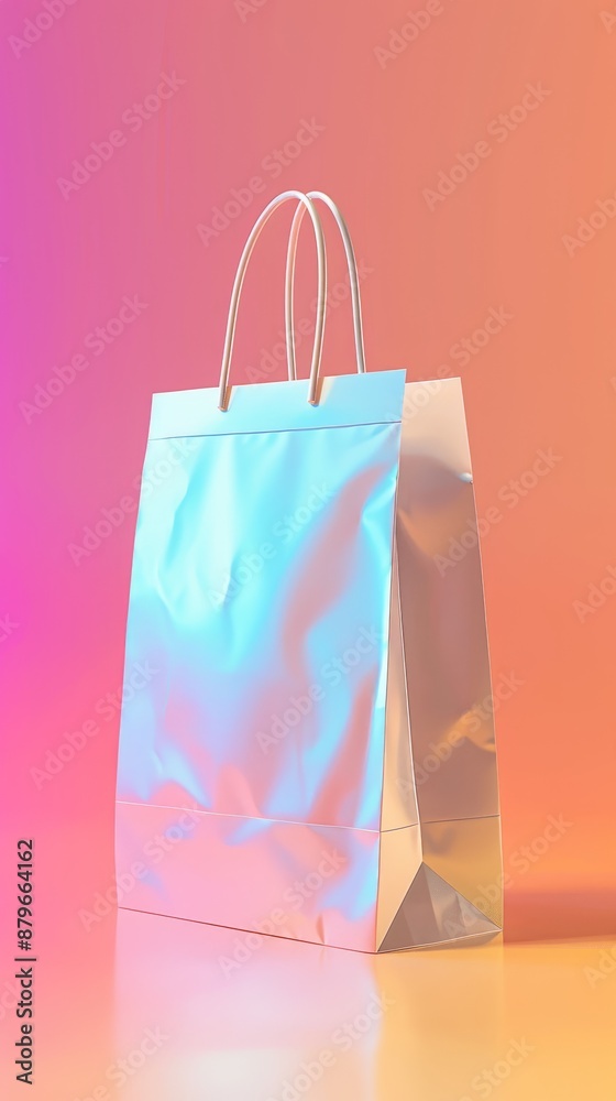 shopping bags, one blue and one silver, are staged against a gradient ...