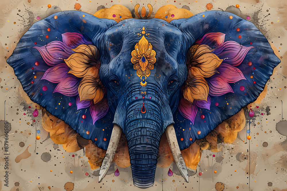 Hand-drawn elephant head motifs intricately designed in the form of a ...