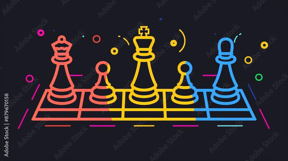 Digital illustration of a chess set in vibrant, glowing colors with ...
