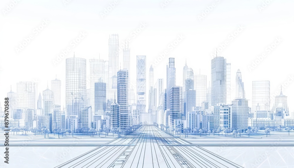 Stylish draft blueprint of urban complex, front view, combining ...