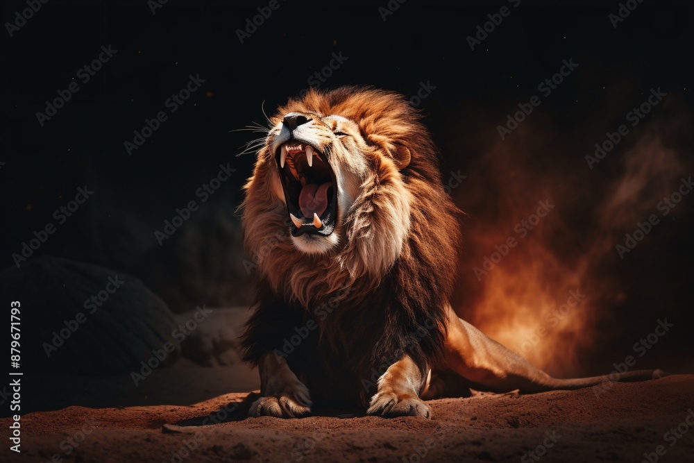 Angry lion with open mouth and fiery mane, jumping, fire flames and ...
