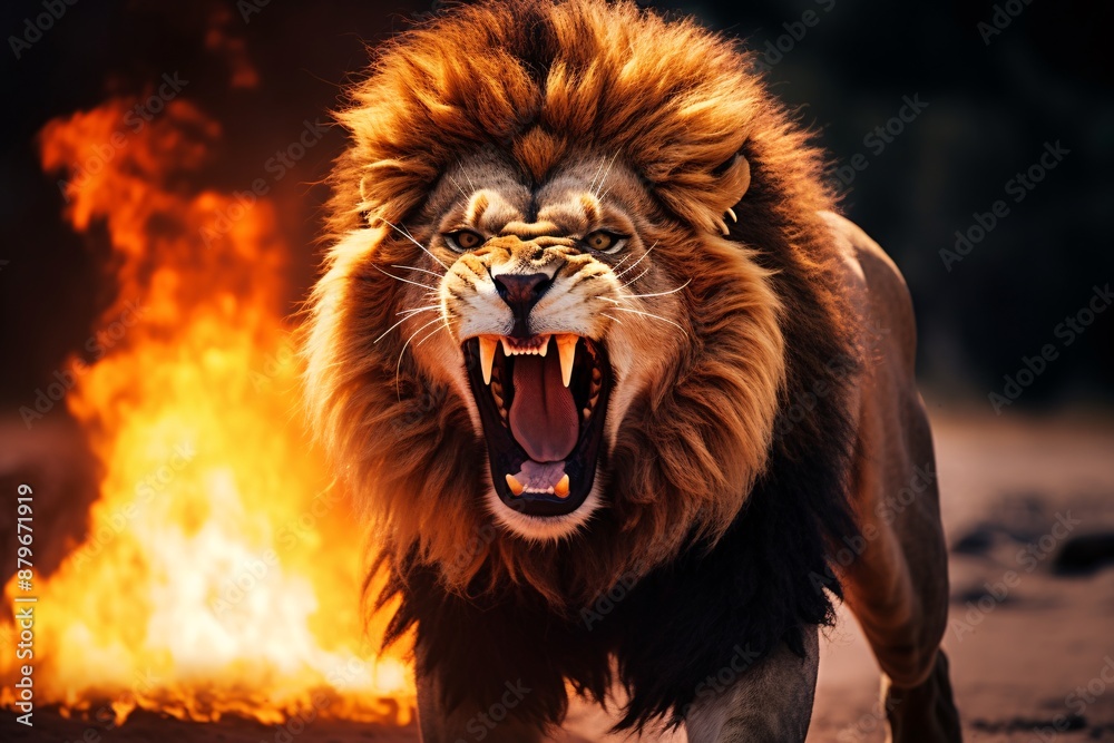 Angry lion with open mouth and fiery mane, jumping, fire flames and ...