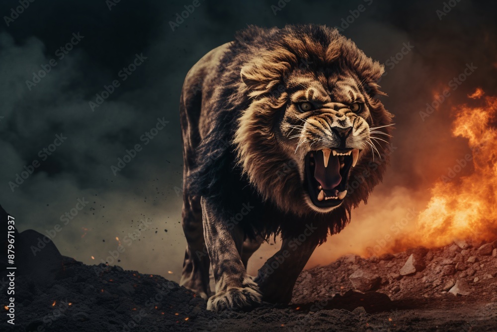 Angry lion with open mouth and fiery mane, jumping, fire flames and ...