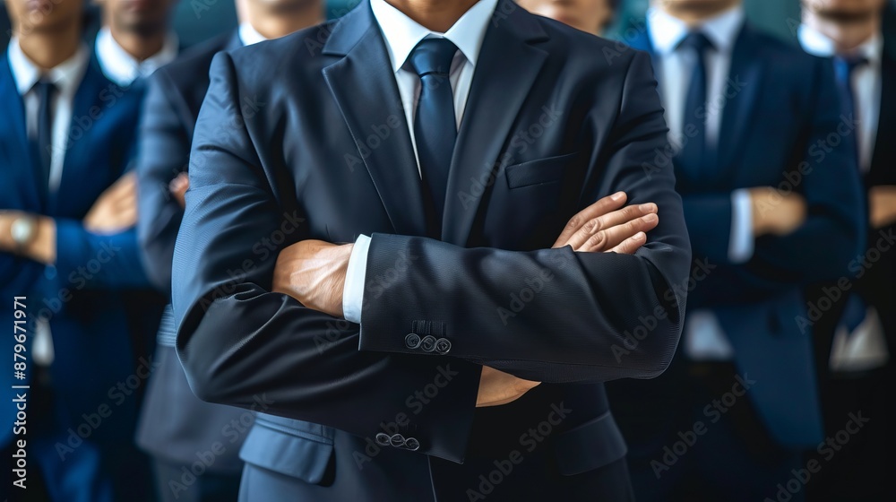 A strong and confident corporate team standing together in formal suits ...