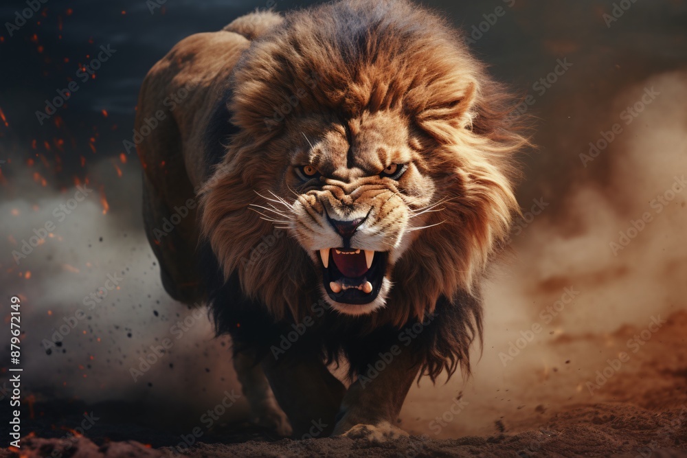 Angry lion with open mouth and fiery mane, jumping, fire flames and ...