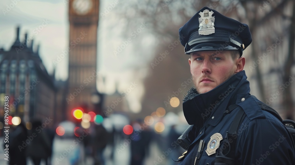A stern-faced police officer stands in a busy street near Big Ben ...