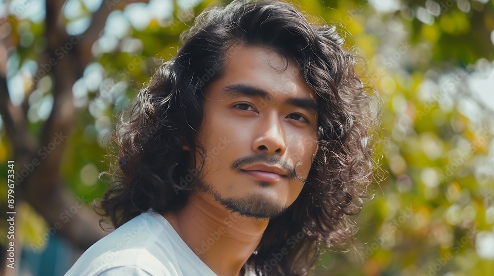 40s asian man with long curly hair look camera thailand Happy adult ...