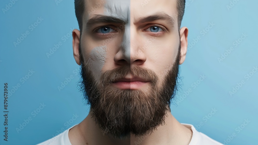 Half shaved Handsome young man with half shaved face Man with a beard ...