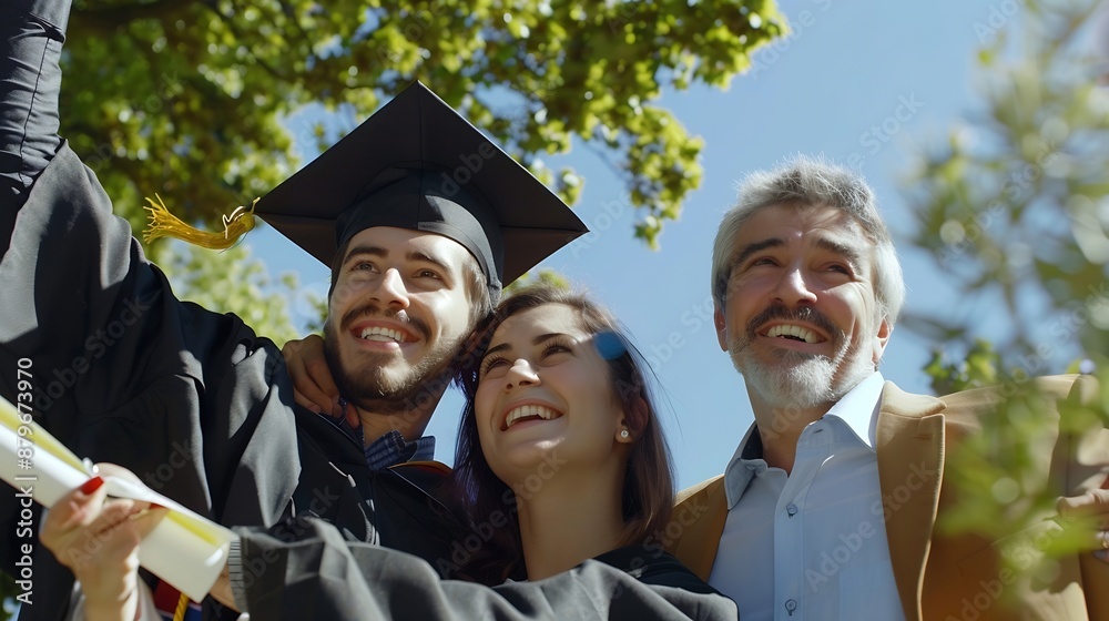 School or college graduation ceremony Young man in gown and cap with ...
