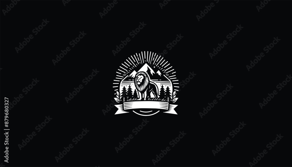 lion, lion design, lion logo, lion with mountain, rays, trees, banner ...