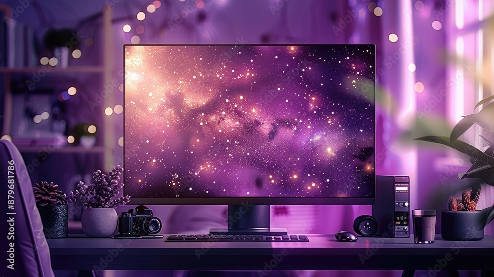 Stylish metal office with a suspended desk and big computer monitor ...