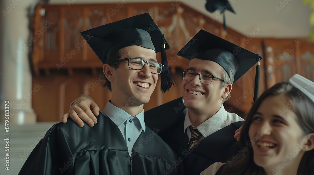 School or college graduation ceremony Young man in gown and cap with ...