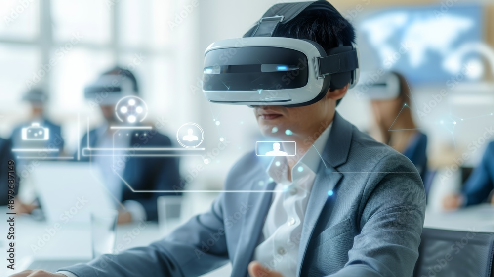 "Streamlined VR headset icon with global team symbols, for immersive ...