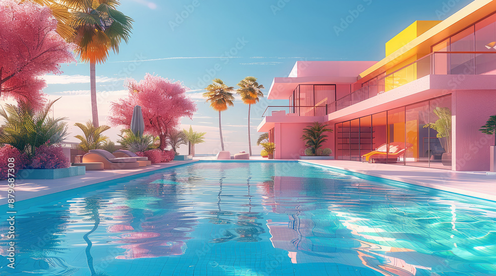 3d illustration of cute pool party, vibrant summer color palette, cute ...