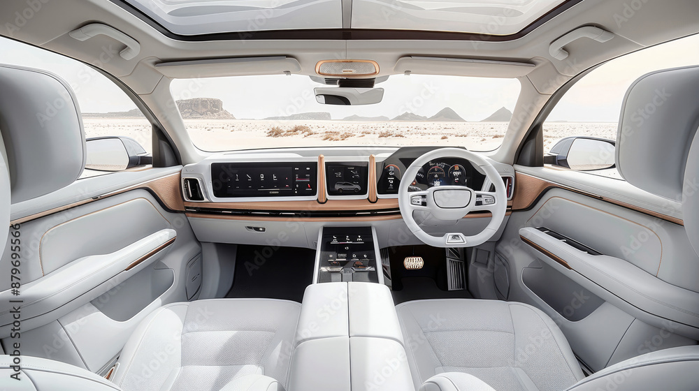 The SUV has a large rear space, three seats, all-white leather interior ...