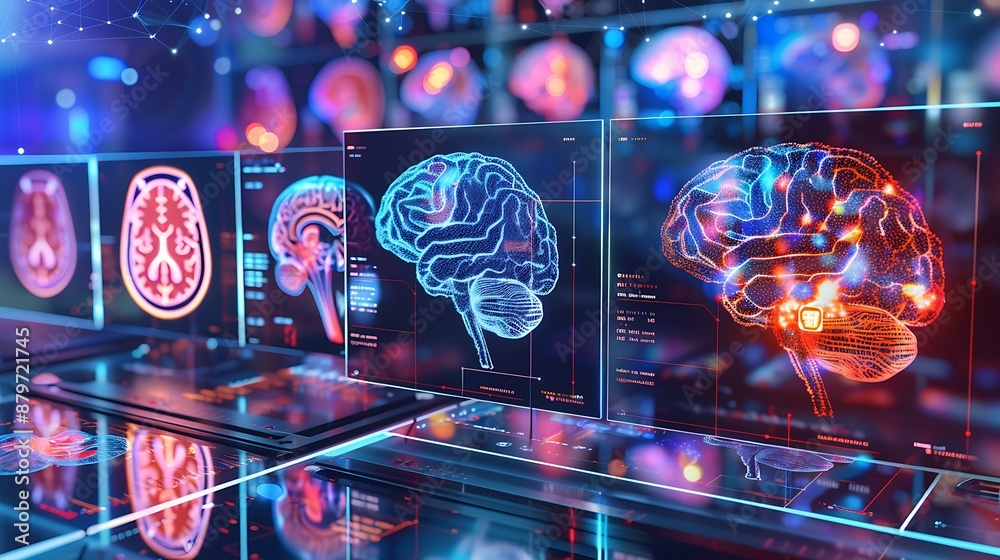 Brain scan images on futuristic transparent displays with glowing ...