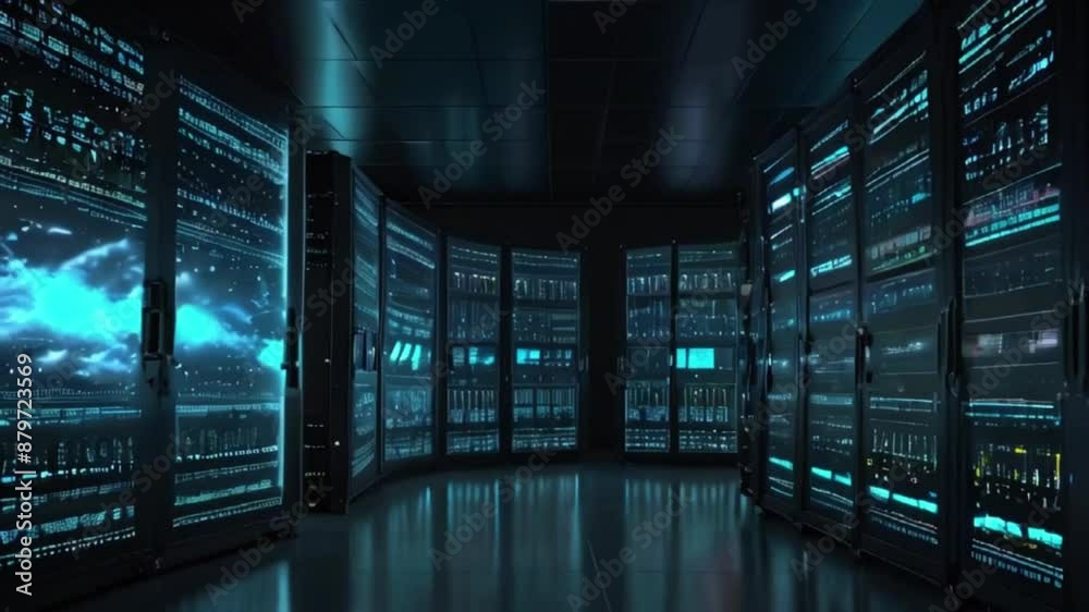 Visualize a vast server room with racks of servers emitting holographic ...