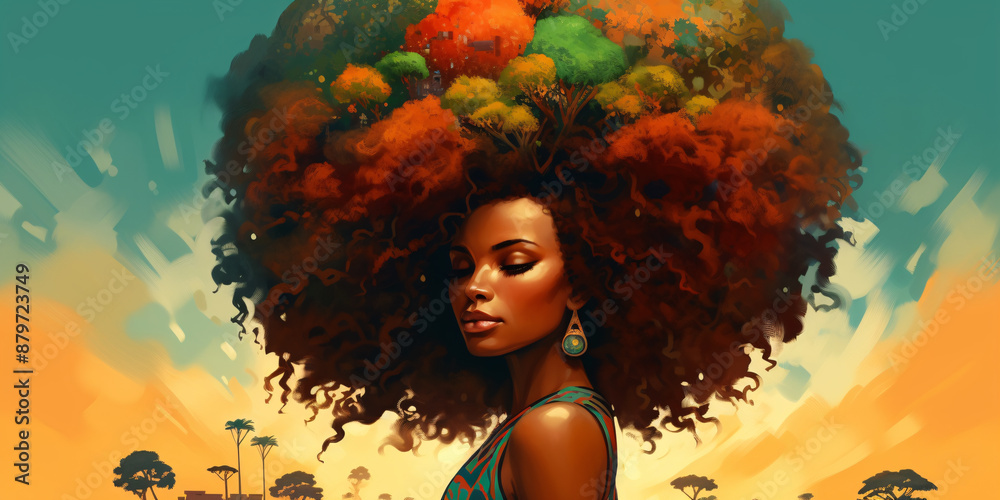 An illustration of a black woman with a big afro shaped like a tree ...