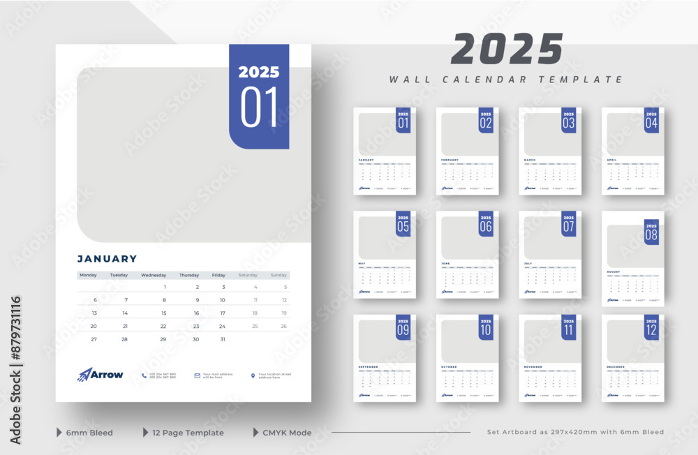 2025 Wall calendar template 12 page with cover, corporate 12 month wall ...