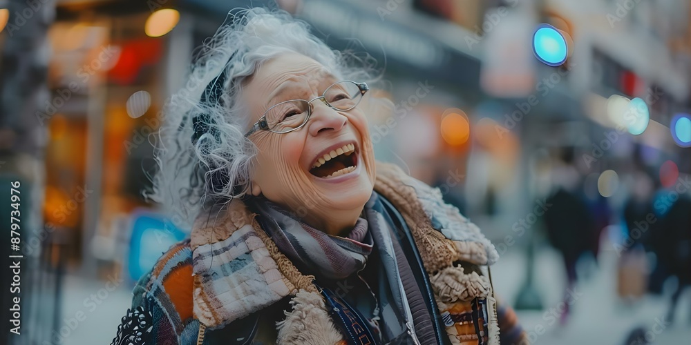 Eccentric elderly woman in cyberpunk attire laughing uncontrollably ...