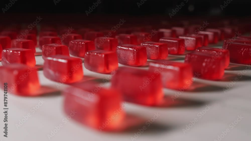 Conveyor belt in a chocolate factory. Candy production. Red jelly ...
