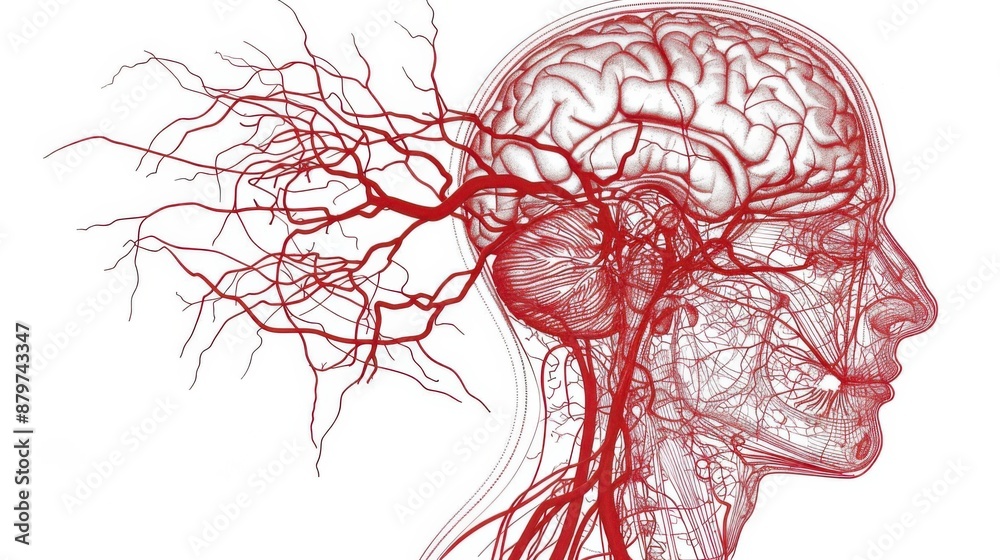 Detailed anatomical illustration of a human brain, blood vessels, and ...