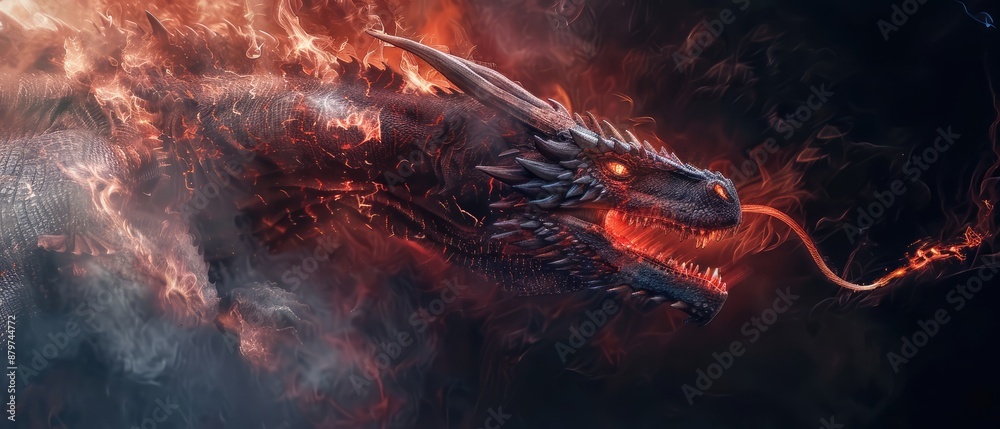 red giant dragon breathing fire on dark background mythology creature ...