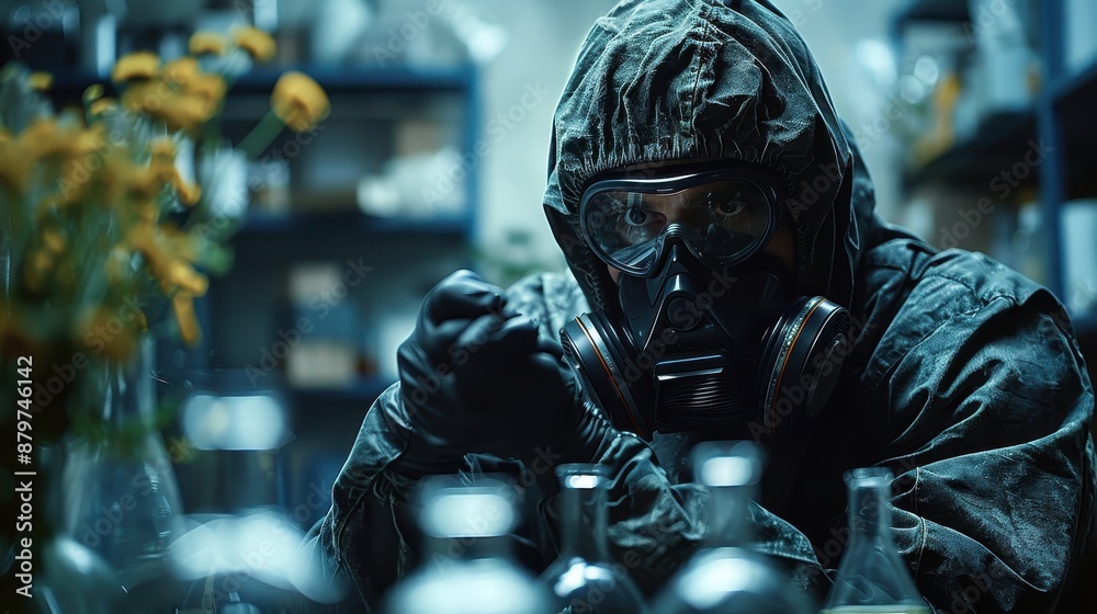 A scientist dressed in a hazmat suit and gas mask works in a laboratory ...