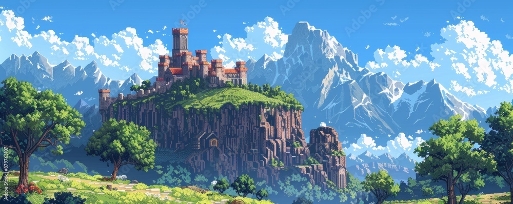 A pixel art rendition of a pixelated castle perched atop a pixelated ...