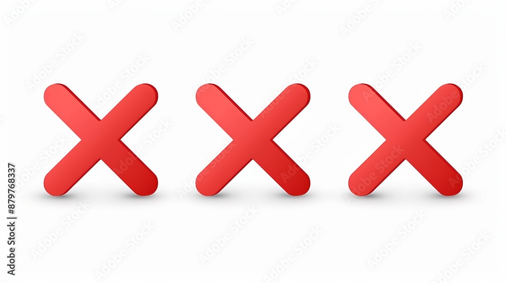 Three prominent red X symbols are arranged in a straight row on a clean ...