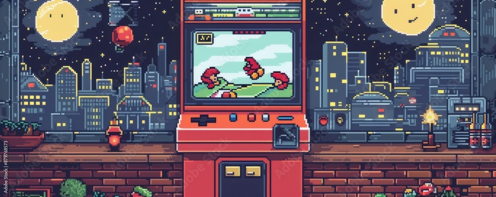 A pixel art illustration of an old-school arcade cabinet with pixelated ...