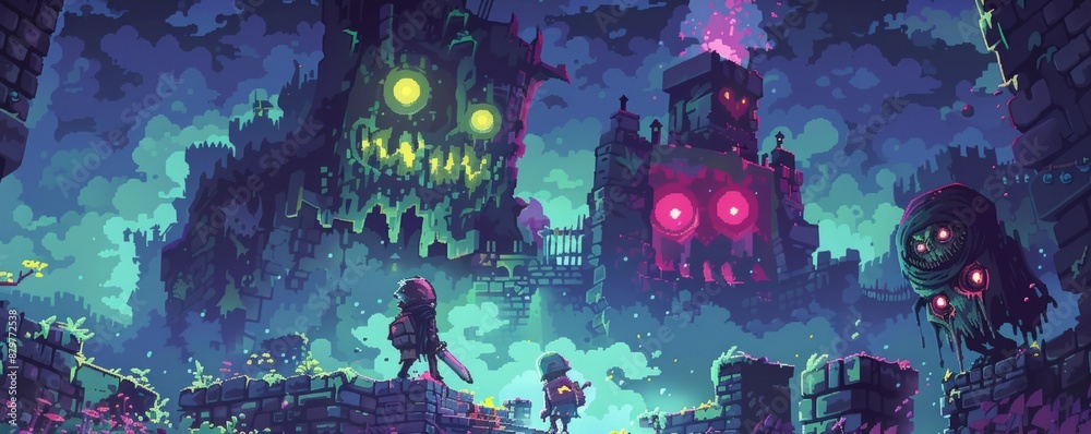 A pixel art rendition of a group of pixelated adventurers exploring a ...