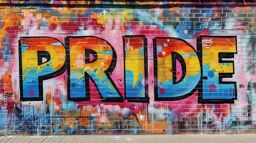 Colorful rainbow pride graffiti on a brick wall displaying vibrant ...