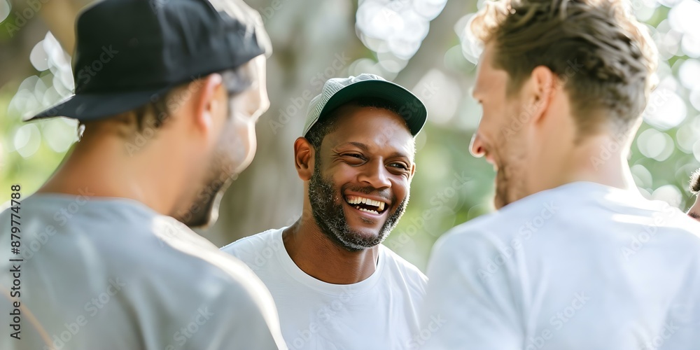 Men connecting and laughing during team challenge at healing retreat ...