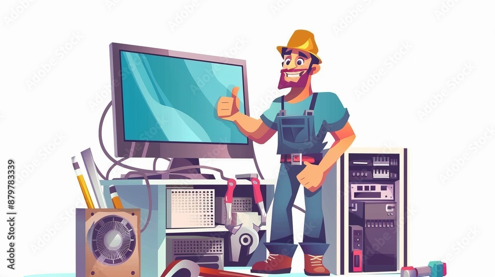 An animated technician wearing overalls and a hard hat stands beside ...