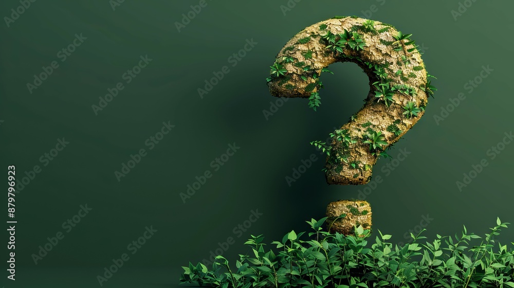 Green question mark plant nature. Lush green vines grow over a textured ...
