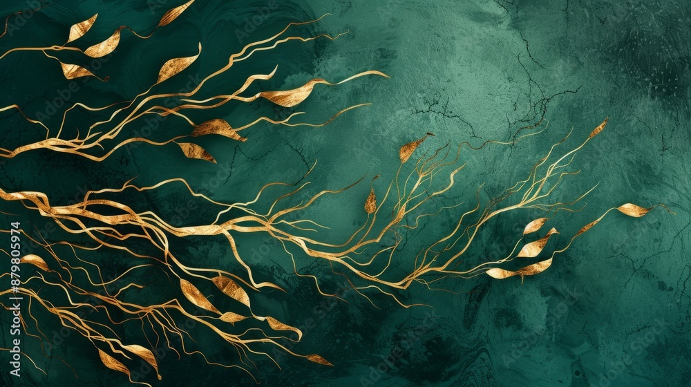 Gold branch on emerald background. Abstract art featuring a delicate ...