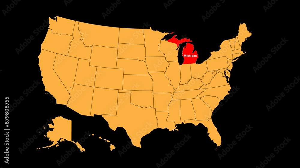 Michigan map animated video. Map Highlighted on the USA map colour with ...