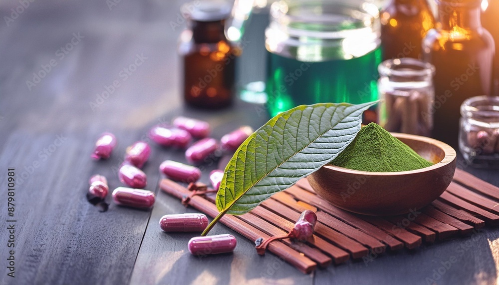 kratom leaf mitragyna speciosa mitragynine on wooden drugs and ...