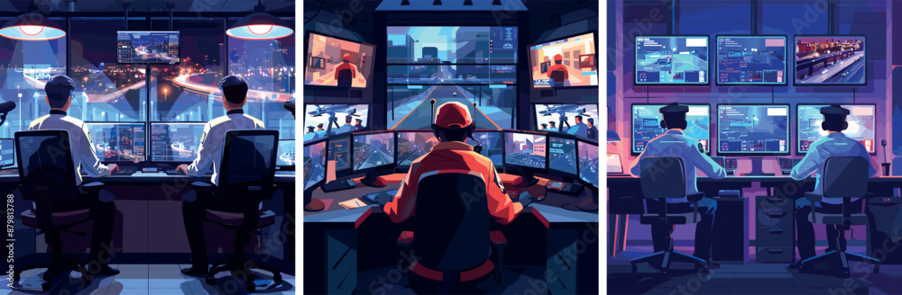 Video surveillance cartoon vector scenes. Officers monitors panel ...