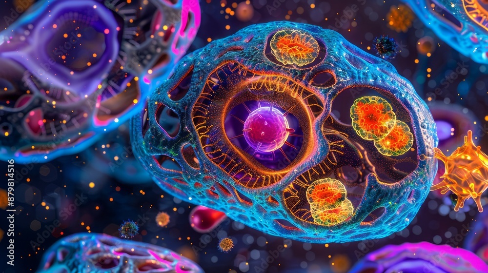Colorful cell structure microscopic view. Vivid illustration of a cell ...