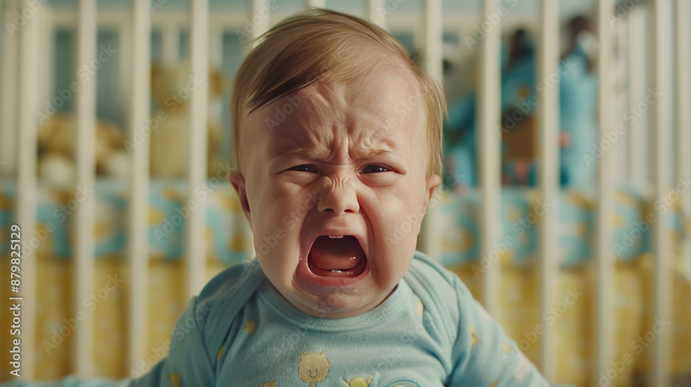 a fat baby crying in his crib. he has long blonde hair. he is throwing ...