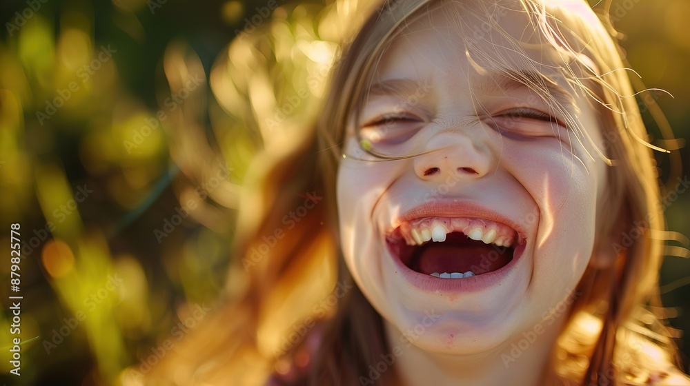 Little girl laughing missing teeth. Advertisement to promote tooth ...