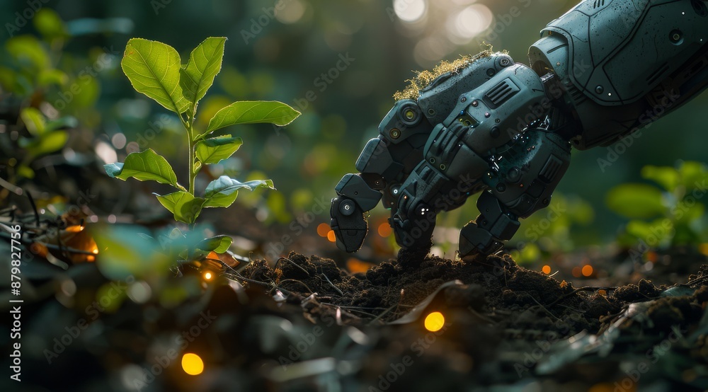 Futuristic robot arm gently planting a young tree in a lush forest ...