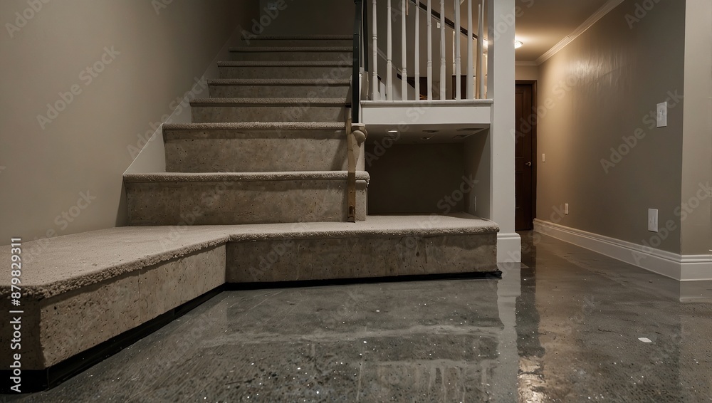 Detailed shot of upgraded basement floor waterproofing with staircase ...
