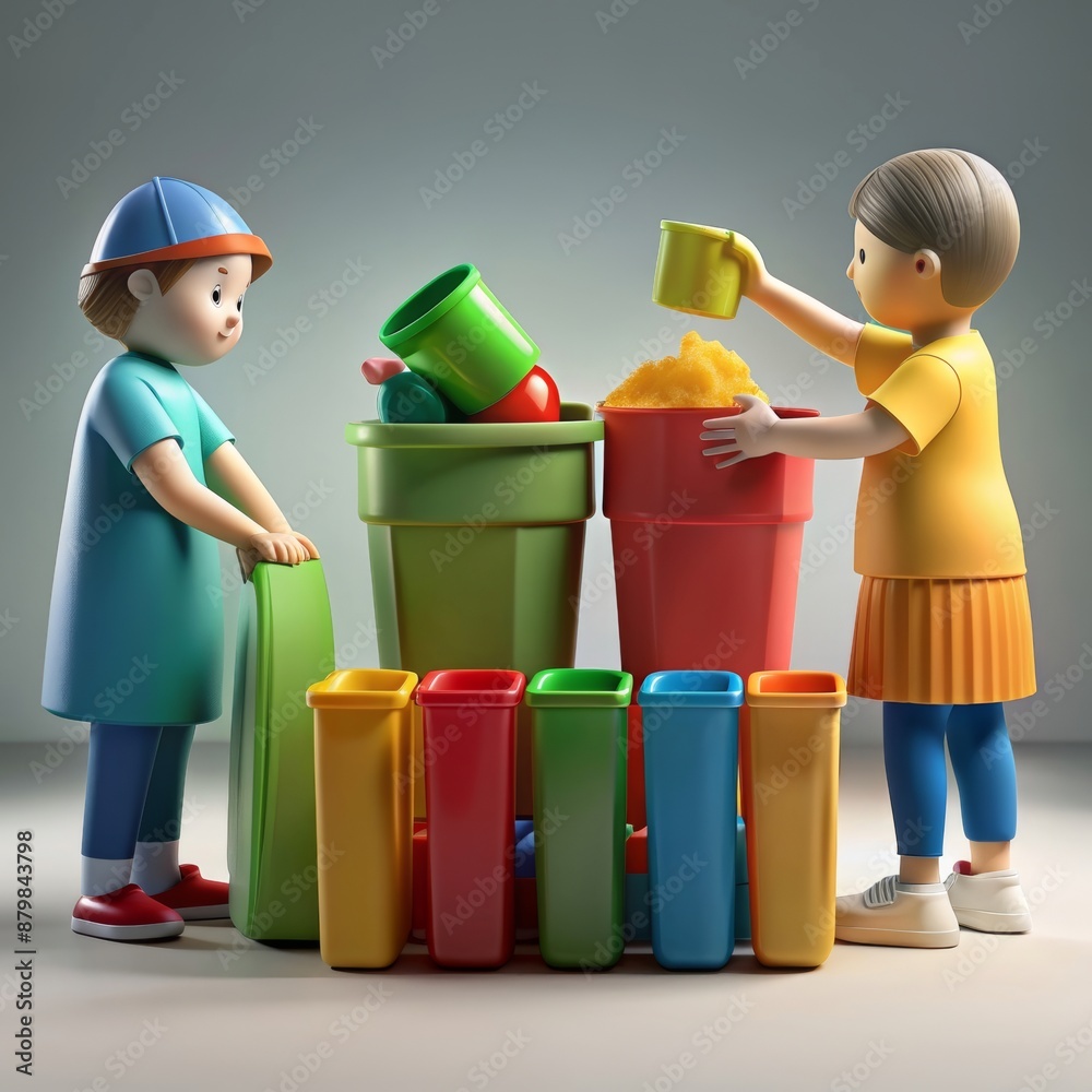 Two children sorting various recyclable items into colorful bins. The ...
